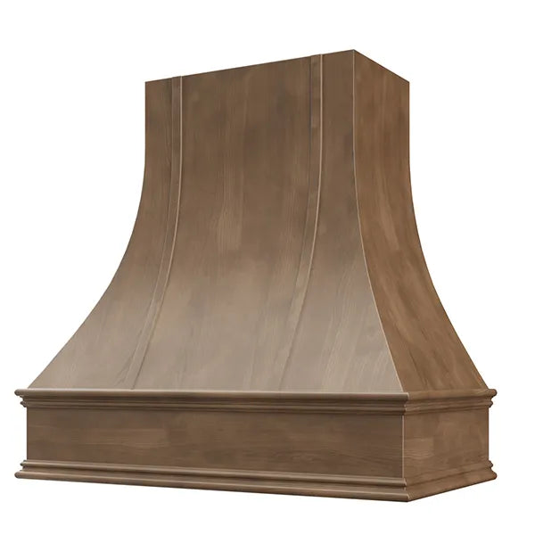 American Walnut Range Hood With Curved Strapped Front and Decorative T